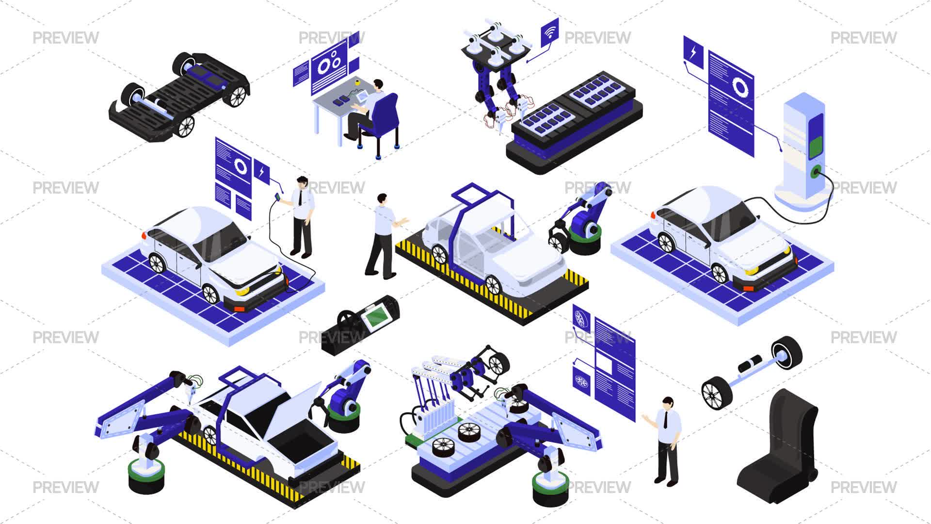12 Electric Vehicles Production Isometric Elements - Graphics | Motion ... 12 Electric Vehicles Production Isometric Elements - Graphics | Motion ...